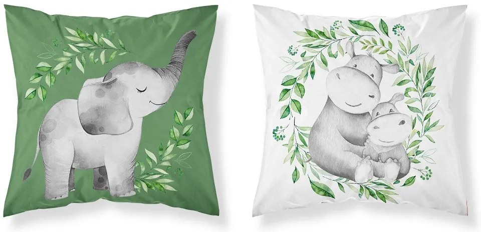 Detexpol Bavlněný povlak na polštář 40x40 Slon hroch bílý zelený oboustranný PSBA 17 B Mayamoo 26