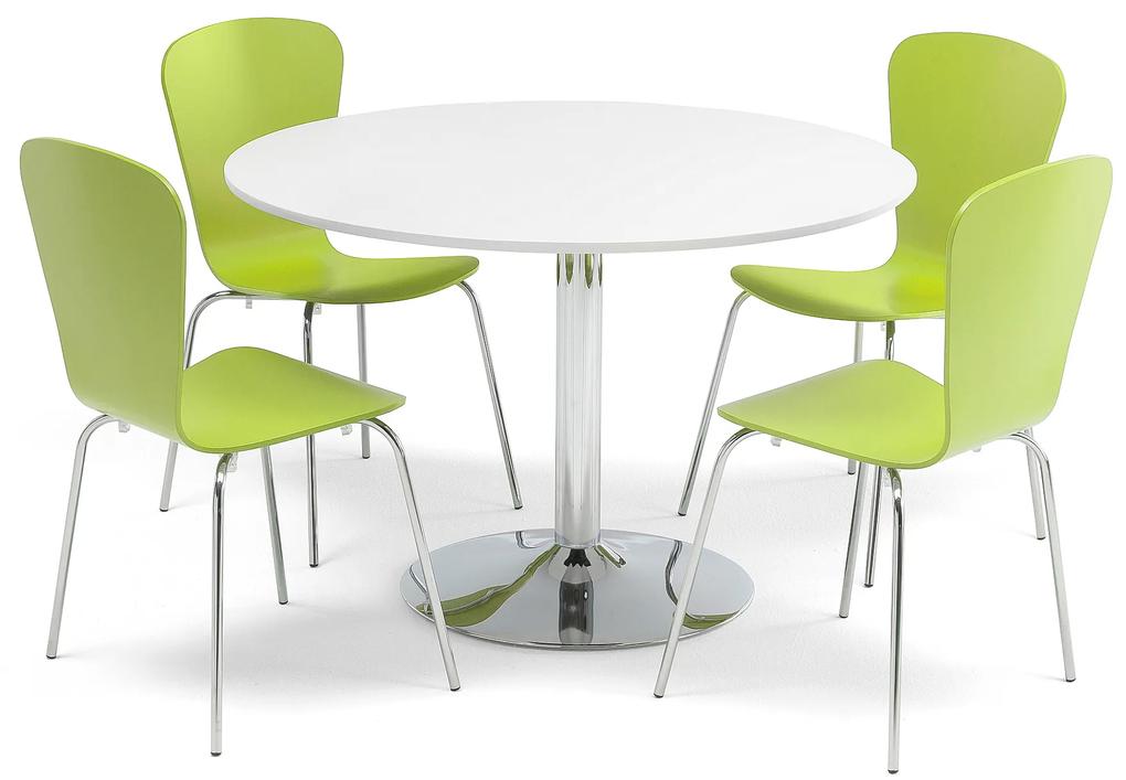 AJ Produkty Jídelní set LILY + MILLA, stůl Ø 1100 mm, bílá/chrom + 4 židle, zelené