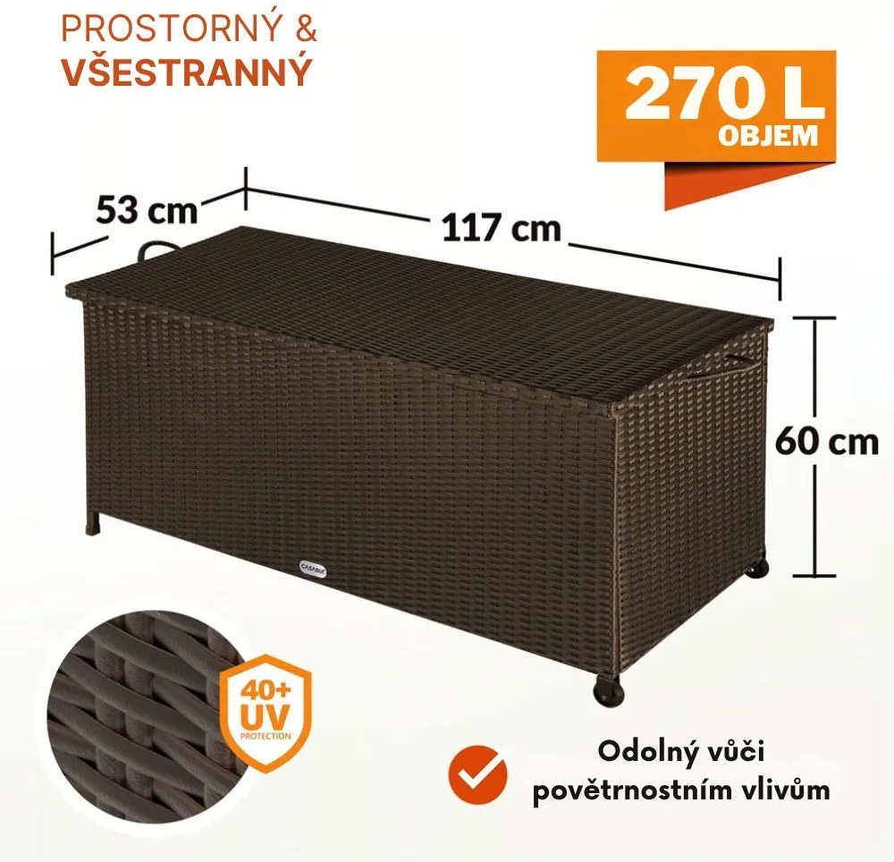 Polyratanový úložný box RICCO, 270L, 117x53x60cm, tmavě hnědá Casaria