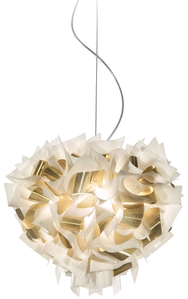 Slamp Veli Aurea Medium, bílo-zlaté závěsné svítidlo s čirým kabelem, 2x12W E27, prům. 42cm