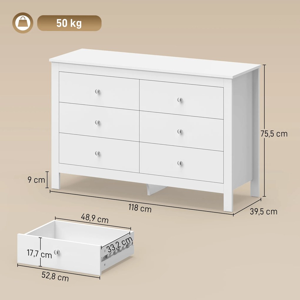 HOMCOM Komoda se 6 zásuvkami, příborník s hladce chodícími kolejnicemi pro ložnici, obývací pokoj nebo předsíň, 118 x 39,5 x 75,5 cm, bílá
