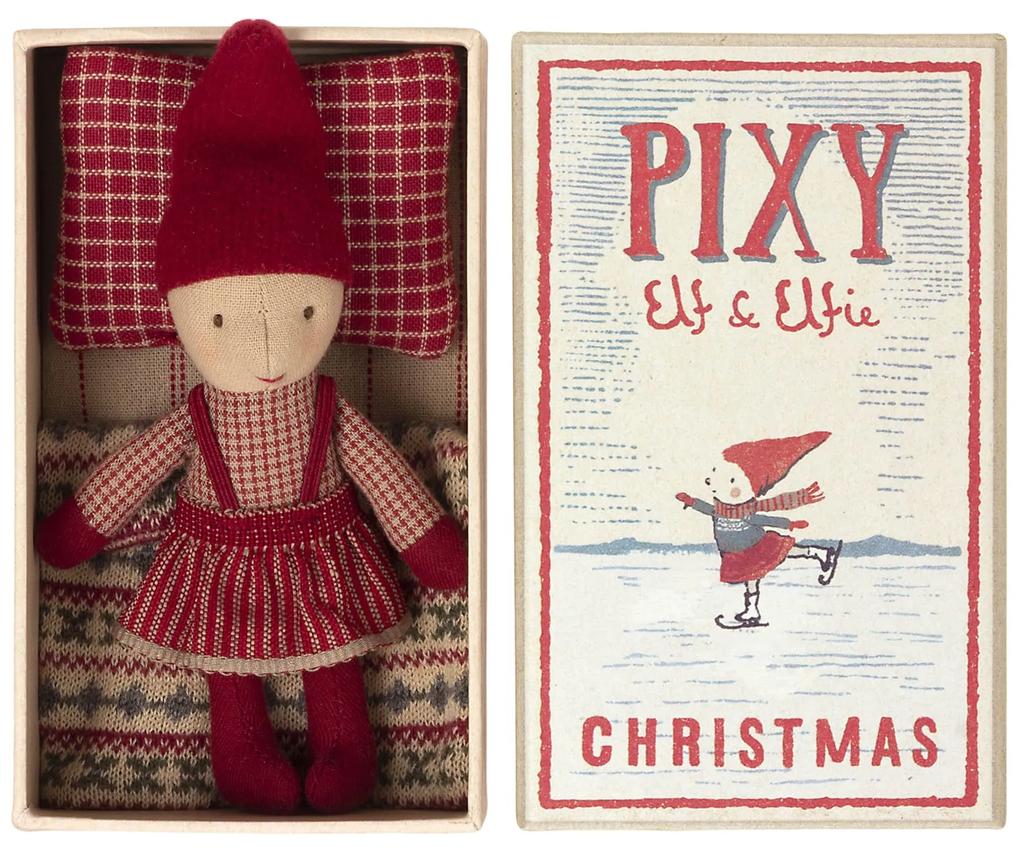 Maileg Vánoční skřítek Pixy Elfie v krabičce od sirek Girl, červená barva, papír, textil
