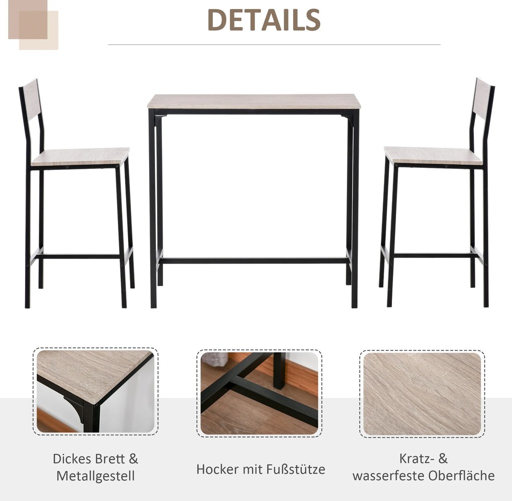 HOMCOM Barový stůl se 2 židlemi 3-dílná stolová sestava barová židle MDF v přírodní a černé barvě 89x45x87cm do kuchyně a jídelny