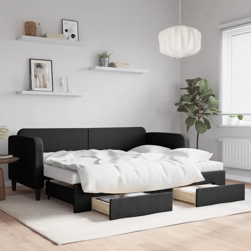 Válenda s přistýlkou a zásuvkami černá 80 x 200 cm textil 3196867