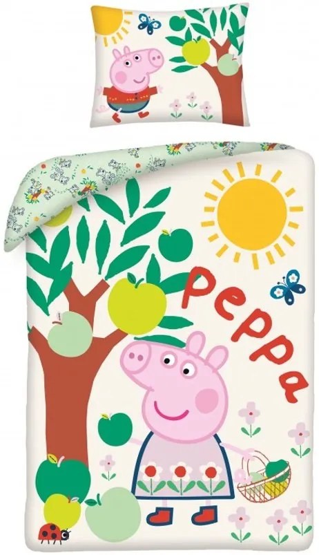 Bavlněné ložní povlečení Prasátko Peppa a jablka - 100% bavlna - 70 x 90 cm + 140 x 200 cm