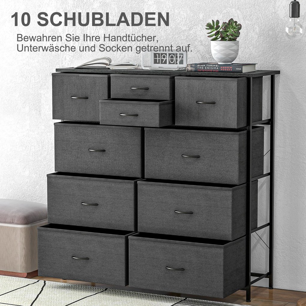 HOMCOM komoda s 10 skládacími látkovými zásuvkami moderní příborník do obývacího pokoje ložnice z oceli černý