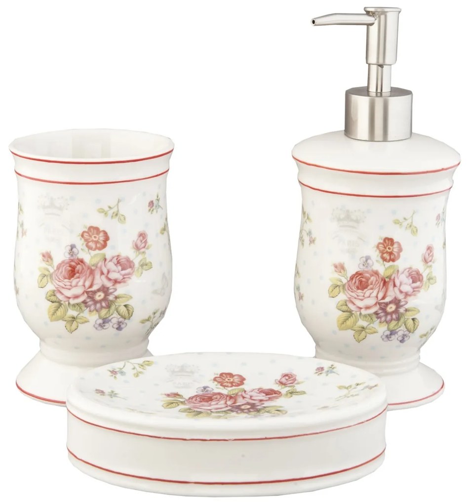 Porcelánový koupelnový set Flowers - Ø 8*12 cm / Ø 8*20 cm / 14*10*3 cm Clayre & Eef