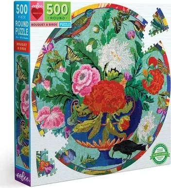 EEBOO Kulaté puzzle Květiny a ptáčci / 500 dílků / průměr 58,5 cm