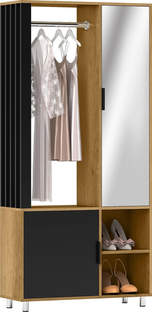 HOMCOM Moderní šatní skříň s zrcadlem, otevřené přihrádky, šatní tyč, 80 x 30 x 170 cm, Přirozené dřevo