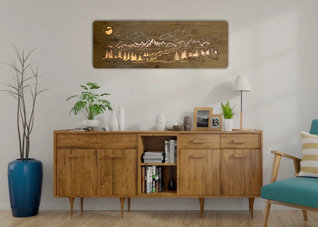 Li-Go "Hory, les" světelný obraz 230V 120x40cm provedení povrchu: dub