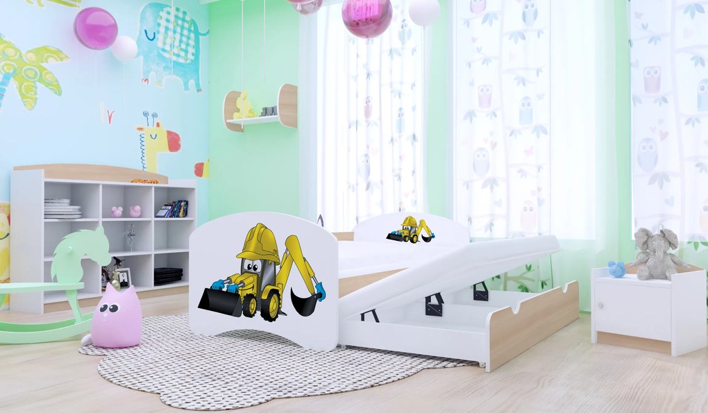 Svět pokojů Dětská postel Kevin pro dvě děti - bagr + matrace zdarma Barva: Růžová, Rozměr: 160x80 cm, Zábrana: ANO (+450 Kč)