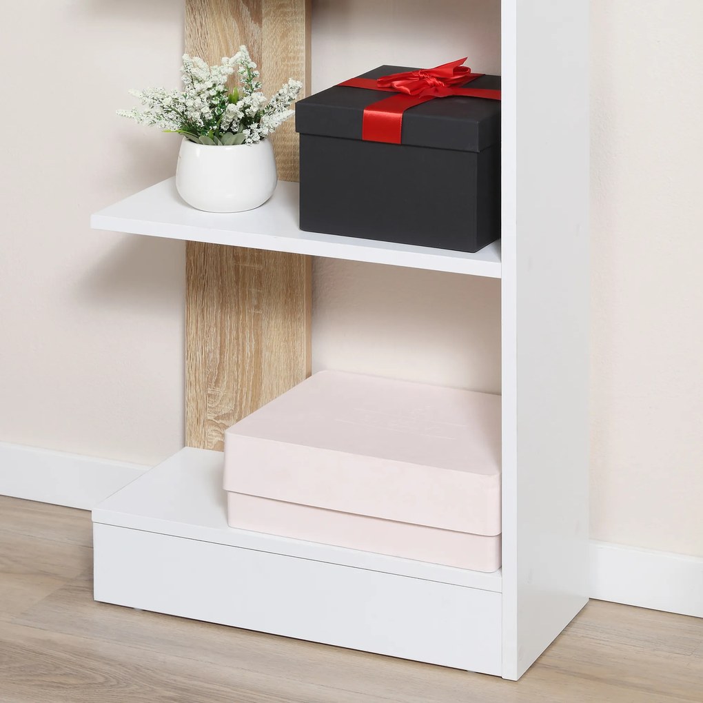 HOMCOM Regál na Knihy s 5 Policemi, Multifunkční Knihovna pro Studium a Kancelář s Zvýšeným Podstavcem, Elegantní Design 45x21x170 cm, Bílá a Dub