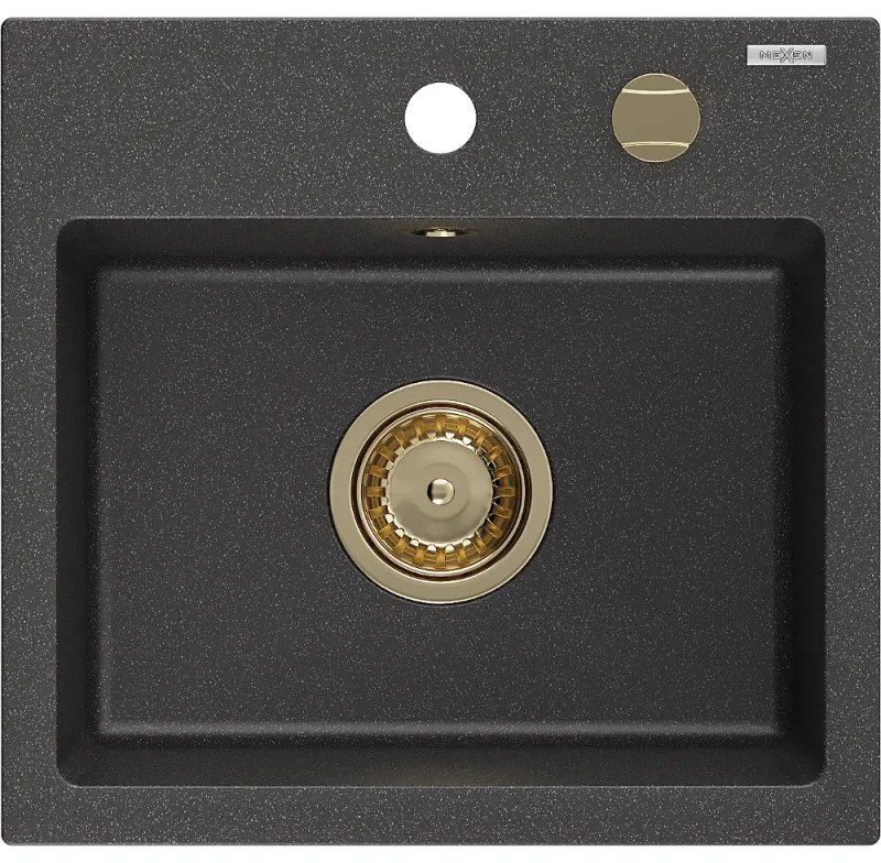 Mexen Milo, granitový dřez 435x410x171 mm, 1-komorový, černá skvrnitá se zlatým sifonem, 6505441000-76-G