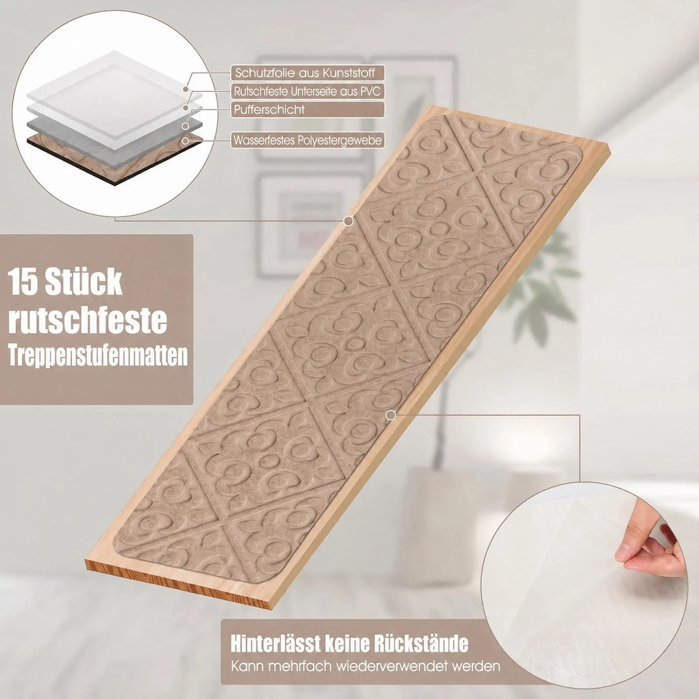 Costway 15 Koberce na schody Protiskluzové koberce na schody 76 cm x 20 – béžový