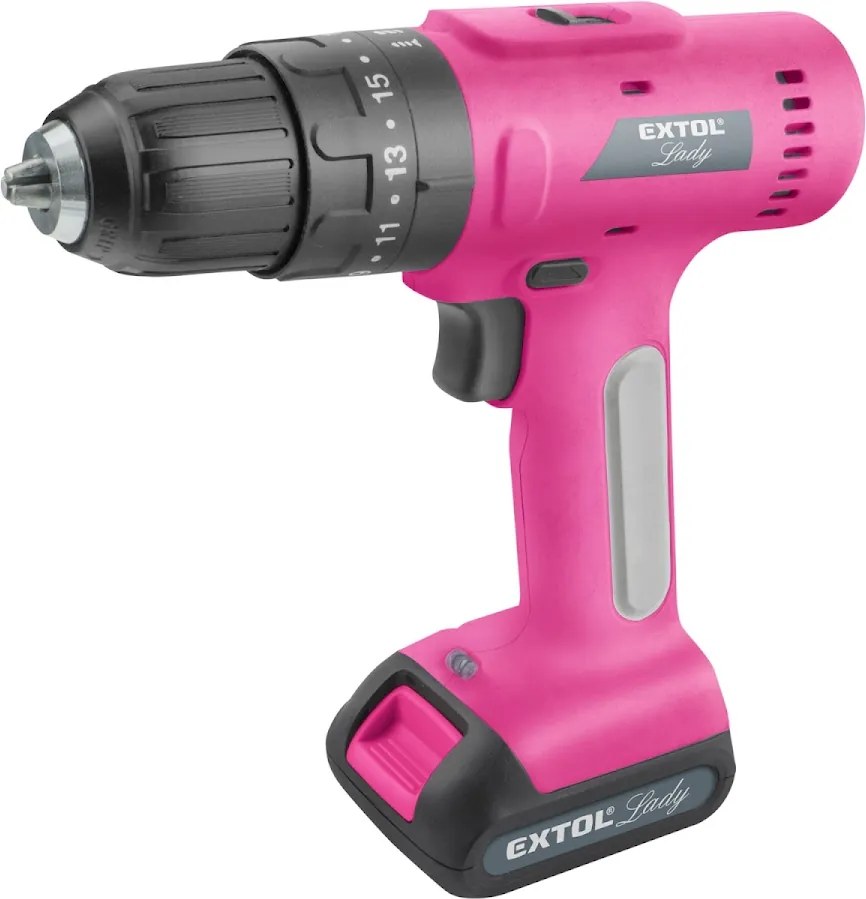 Vrtací šroubovák aku s příklepem, růžový, 12 V Li - ion, 2000 mAh, v kufru s nářadím, sada 27 ks EXTOL LADY 402403