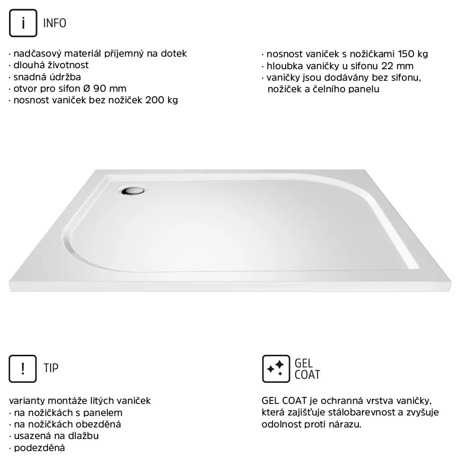 Mereo Obdélníková sprchová vanička, bez nožiček, litý mramor 1000 x 800 mm