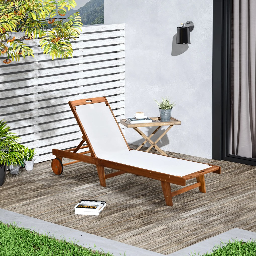 Outsunny Lehátko Relaxační lehátko Zahradní nábytek nastavitelný Akáciové dřevo Textil Přírodní+bílá 198 x 55 x 30-88,5 cm