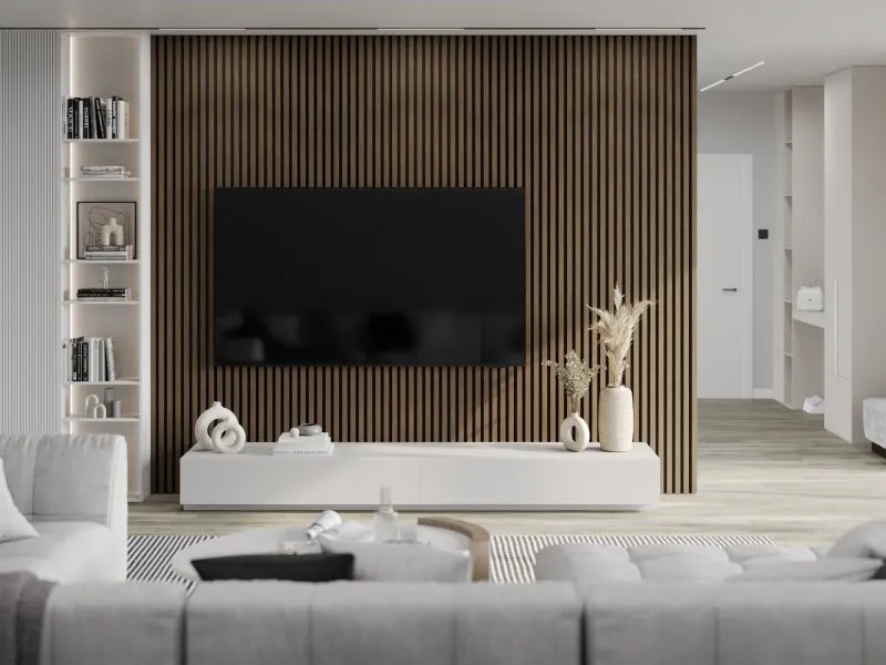 Mexen Lam-F, akustické stěnové lamely 275 × 30 cm, plstěný podklad 8 mm, technická dýha, ořech kakaový, S105-275307-3015-018