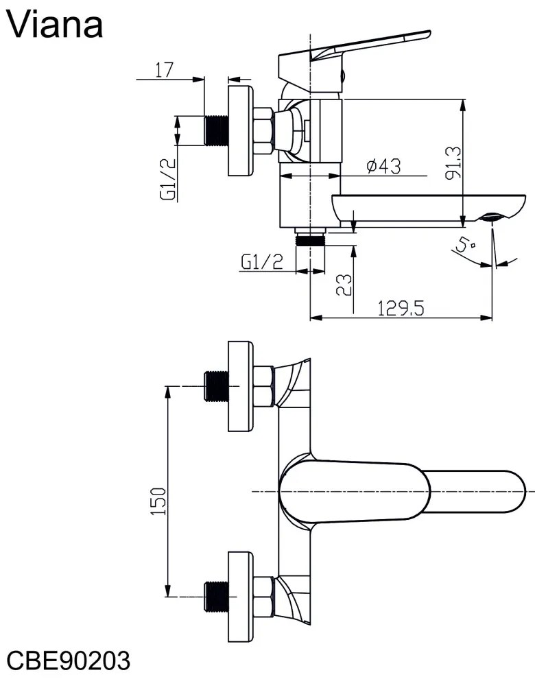 Mereo Viana vanová nástěnná baterie 150 mm se sklopným ramínkem bez příslušenství mosaz chrom CBE90203