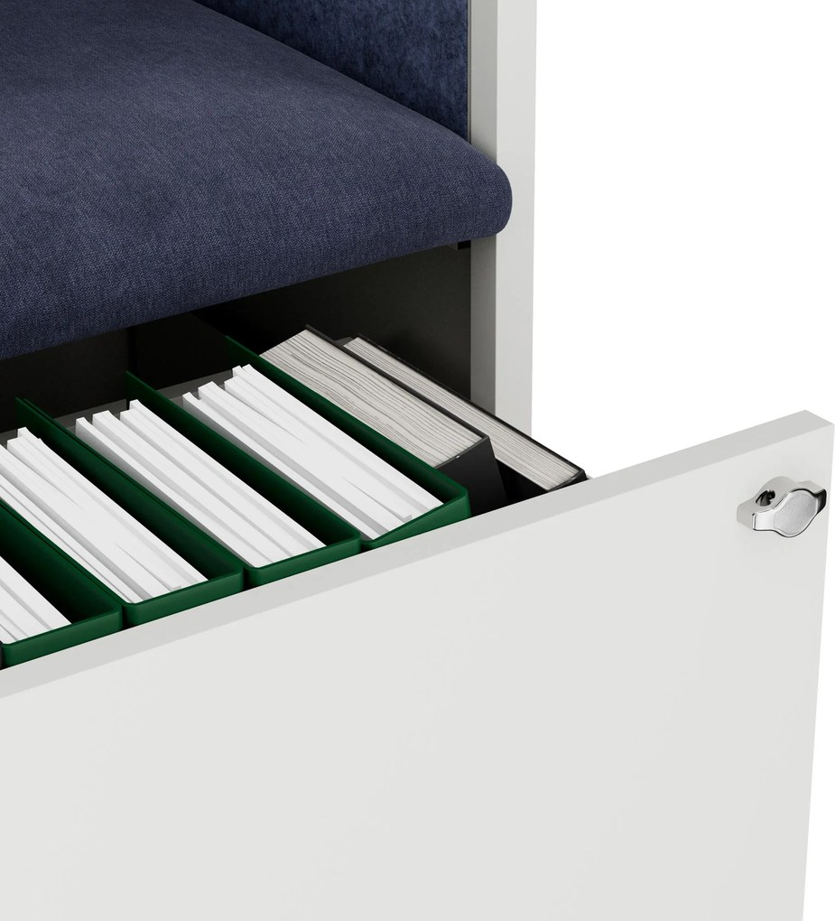 Kancelářská akustická kabina se sedátkem a USB-C portem, korpus bílý / sedák námořnická modrá, 600 mm: SALLY MentalBox
