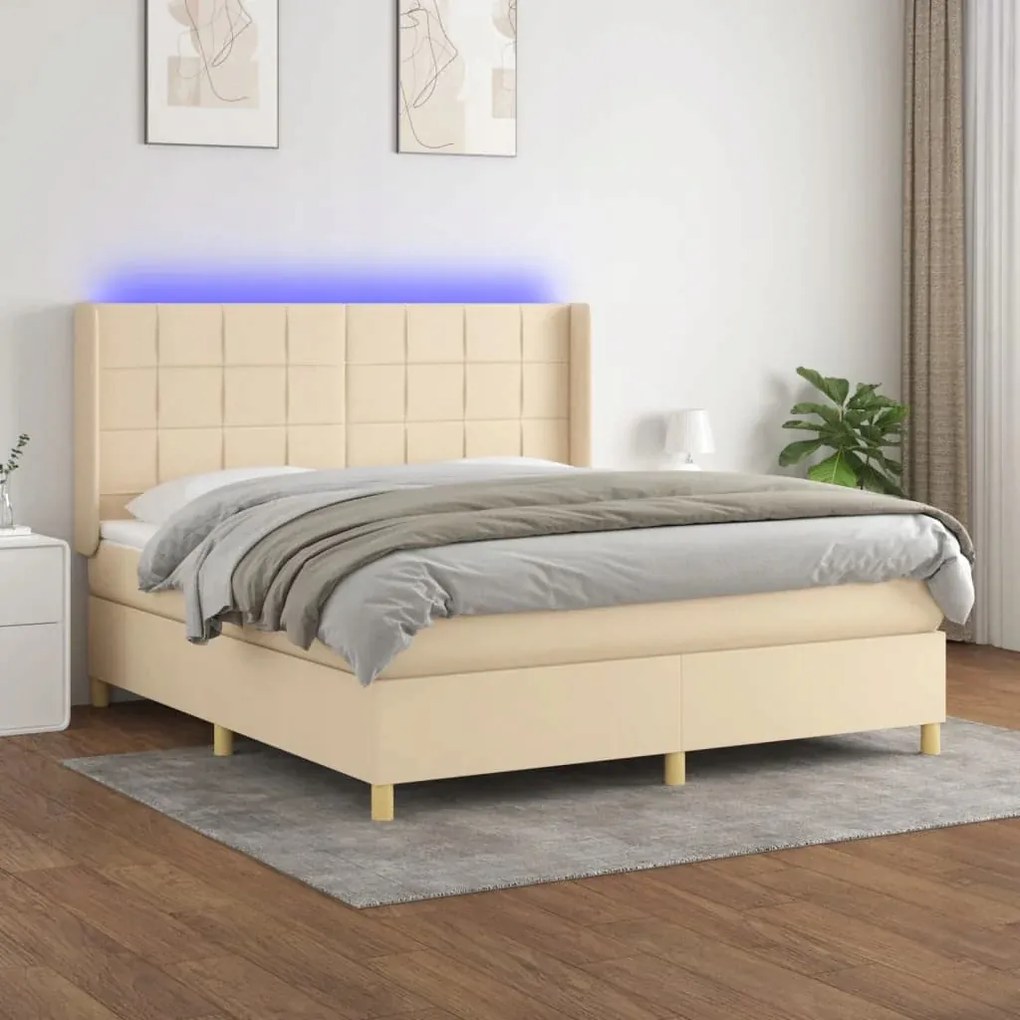 Box Spring Postel S Matrací A Led Textil Krémová Blok se čtverci 160 x 20