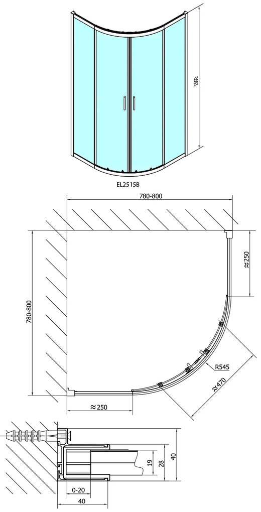 Polysan Polysan, EASY BLACK čtvrtkruhová sprchová zástěna 800x800mm, L/R, čiré sklo, EL2515B