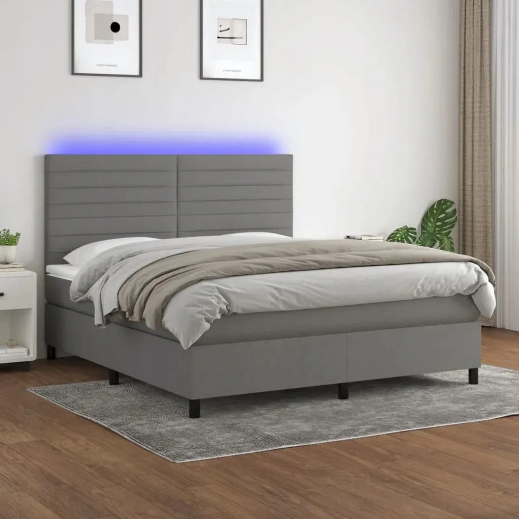 Box Spring Postel S Matrací A Led Textil Tmavě Šedá vodorovné pruhy 180 x