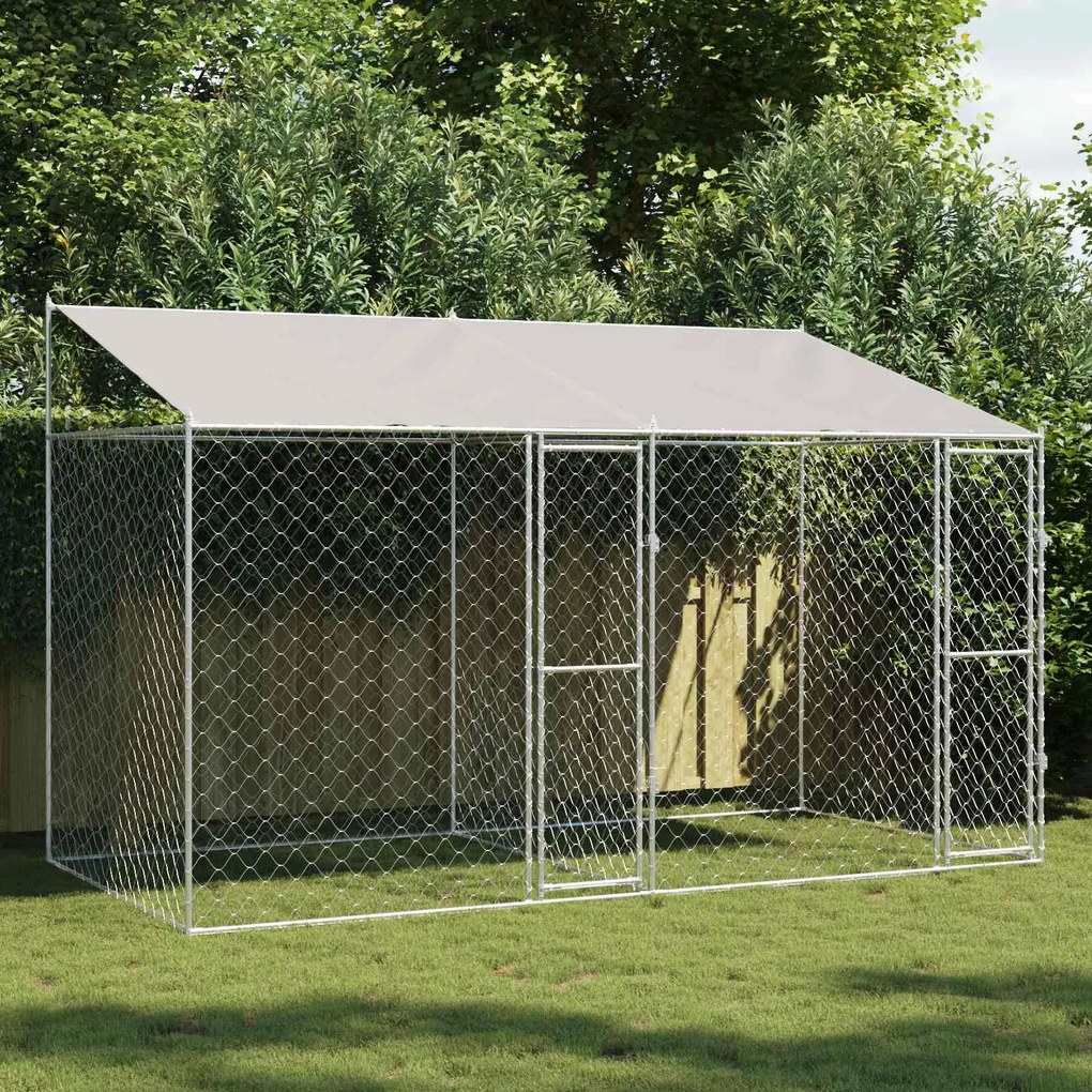 Psí klec s střechou Stříbrná 400 x 200 x 256 cm Ocel a PE 3368298