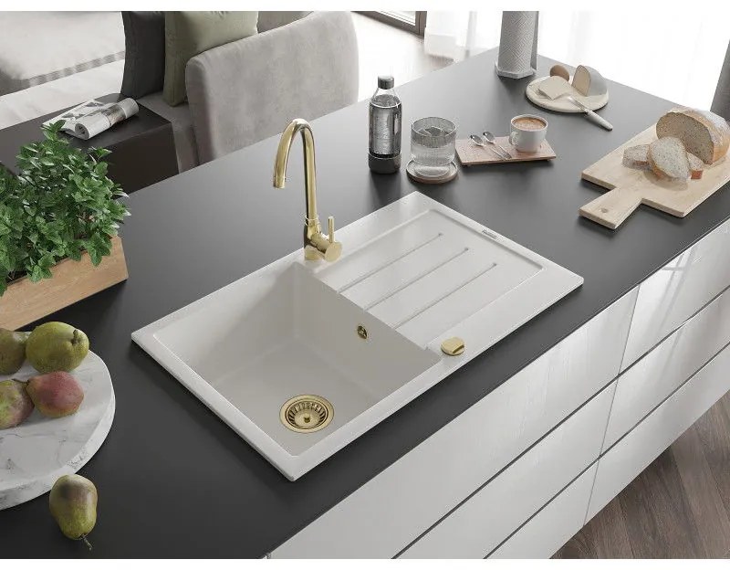 Mexen Bruno, granitový dřez 795x495x200 mm, 1-komorový, bílá se zlatým sifonem, 6513791010-20-G
