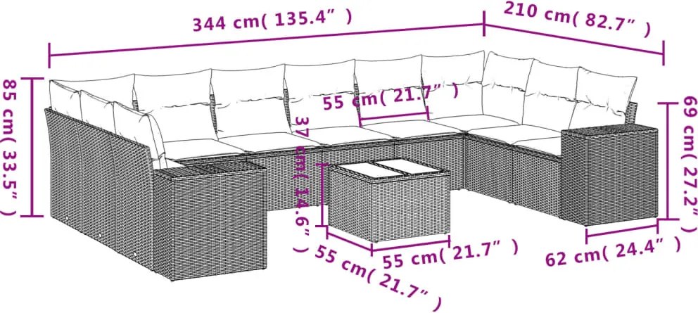 11dílná zahradní sedací souprava s poduškami černá polyratan 3223074