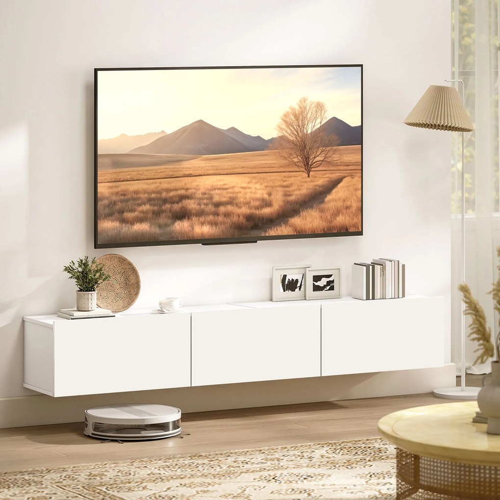 HOMCOM Zavěšená TV skříňka, montáž na zeď, 3 zásuvky, spousta úložného prostoru, 180 cm, bílá