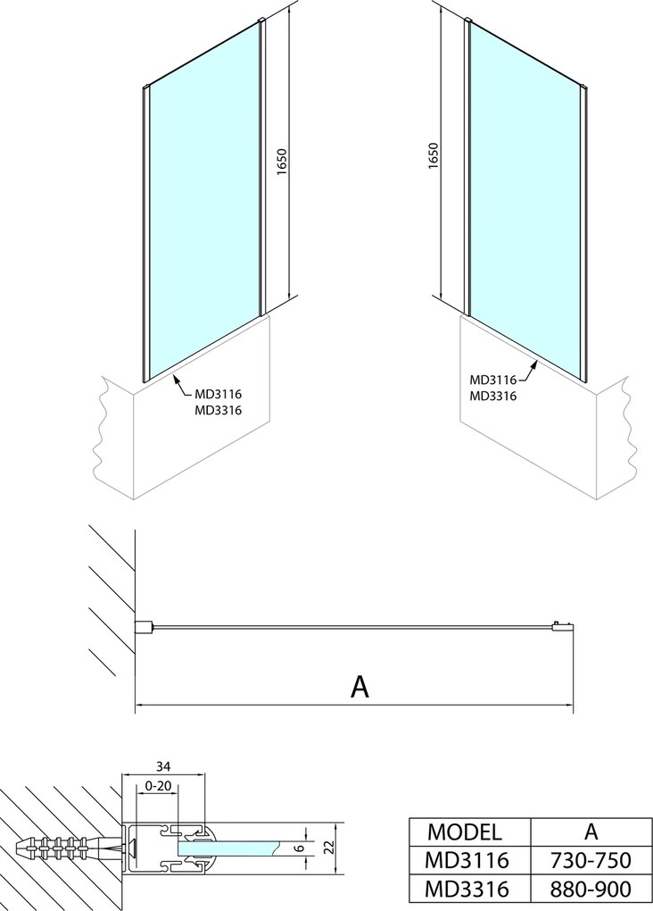 Polysan, DEEP sprchová boční stěna 750x1650mm, čiré sklo, MD3116