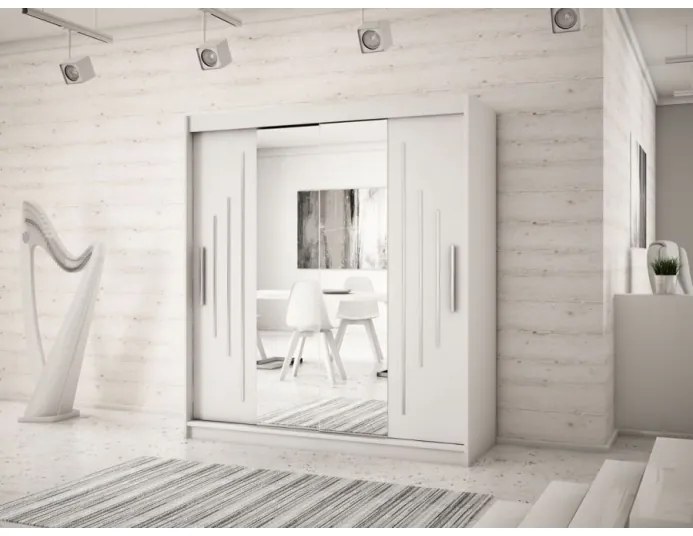 Prostorná skříň s posuvnými dveřmi a zrcadlem Ewelina 180 v barvě bílé