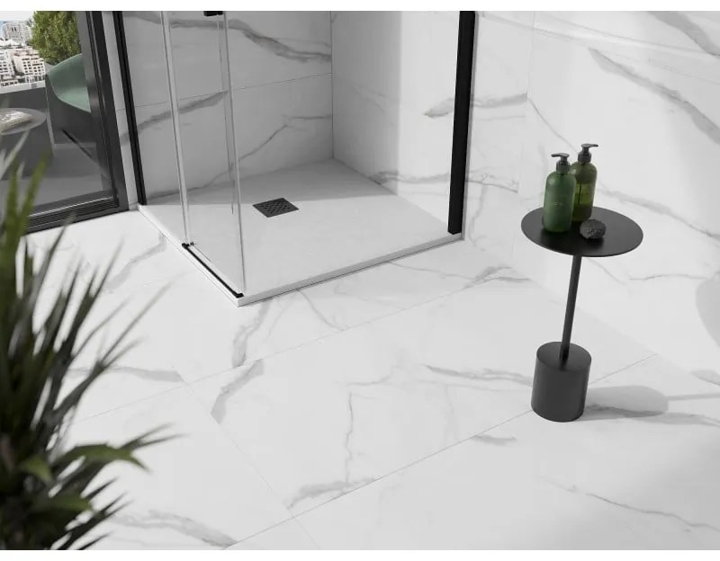 Mexen Stone+, čtvercová vanička z minerálního kompozitu 90 x 90 cm, bílá, černá krytka, 44109090-B