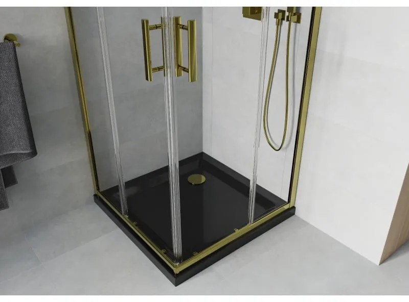 Mexen Rio, čtvercový sprchový kout s posuvnými dveřmi 70 (dveře) x 70 (dveře) x 190 cm, 5mm čiré sklo, zlatý profil + černá sprchová vanička SLIM se zlatým sifonem, 860-070-070-50-00-4070G