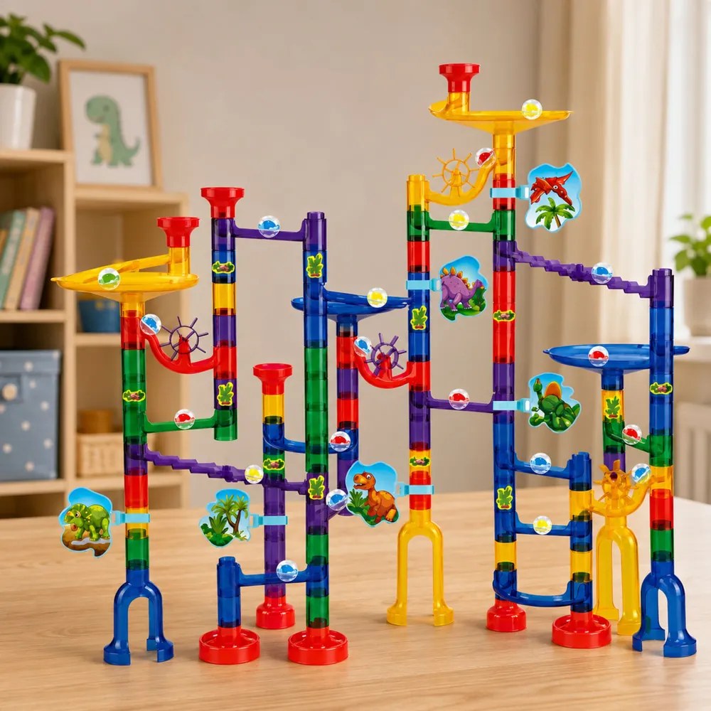 LEAN Toys Stavebnicová sada – kuličková dráha, barevné tunely, dinosauři, 192 dílů