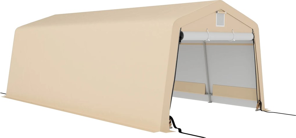 Carport stání Outsunny 6,2L x 3,3W x 2,4H m, Pevný pozinkovaný ocelový rám, voděodolný polyethylen 150 g/m², Anti-UV, 1 Khaki dveře a 2 větrání