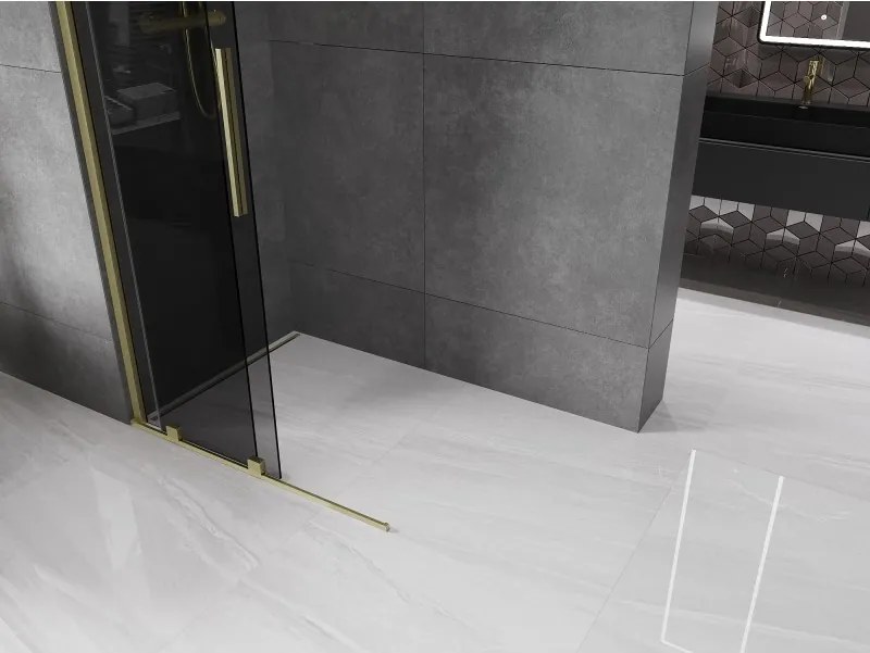Mexen Velar, sprchová zástěna s posuvnými dveřmi Walk-in 100 x 200 cm, 8mm šedé sklo, zlatá matná, 871-100-000-43-55
