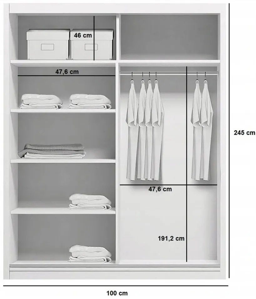 Prostorná zrcadlová šatní skříň 100/245 ENRIQUE - dub craft zlatý / bílá