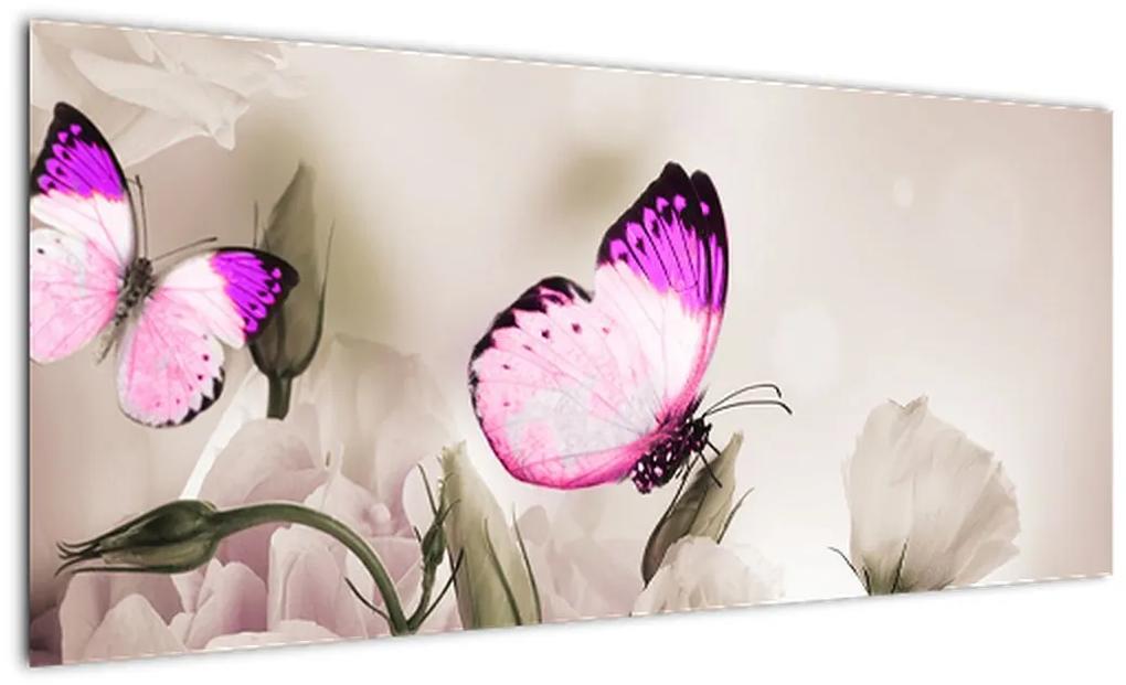 Motýl na květině - obraz (100x40cm)