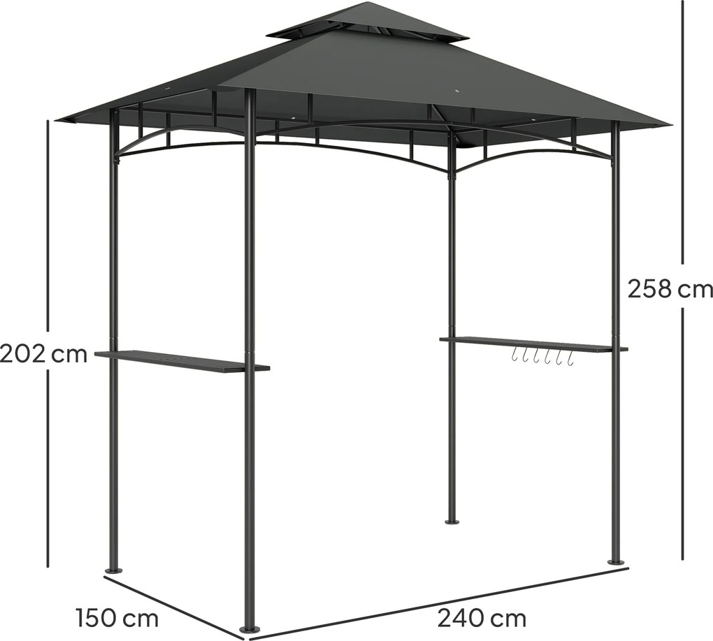 Outsunny BBQ pavilon s LED 240 x 150 x 258 cm, voděodolný a ohnivzdorný zahradní pavilon s dvouvrstvou střechou, bočními policemi, zahradní pergola s…