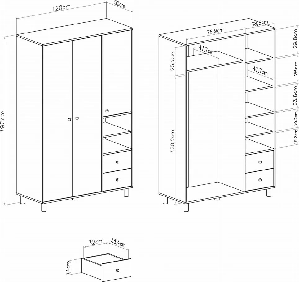 FARO | šatní skříň FR1 | 120 cm | s policemi, zásuvkami a šatní tyčí | bílá/artisan/šedá
