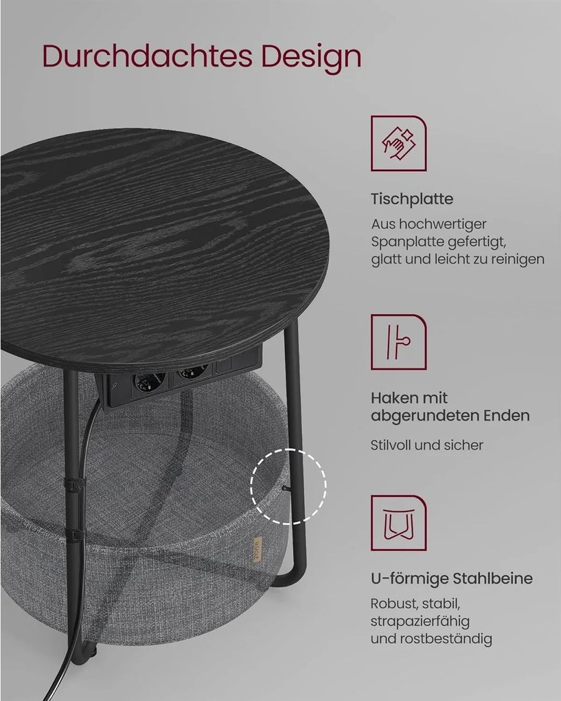 Kulatý konferenční stolek s USB nabíjecím portem, malý stolek s podstavcem, ebenově černý-šedý