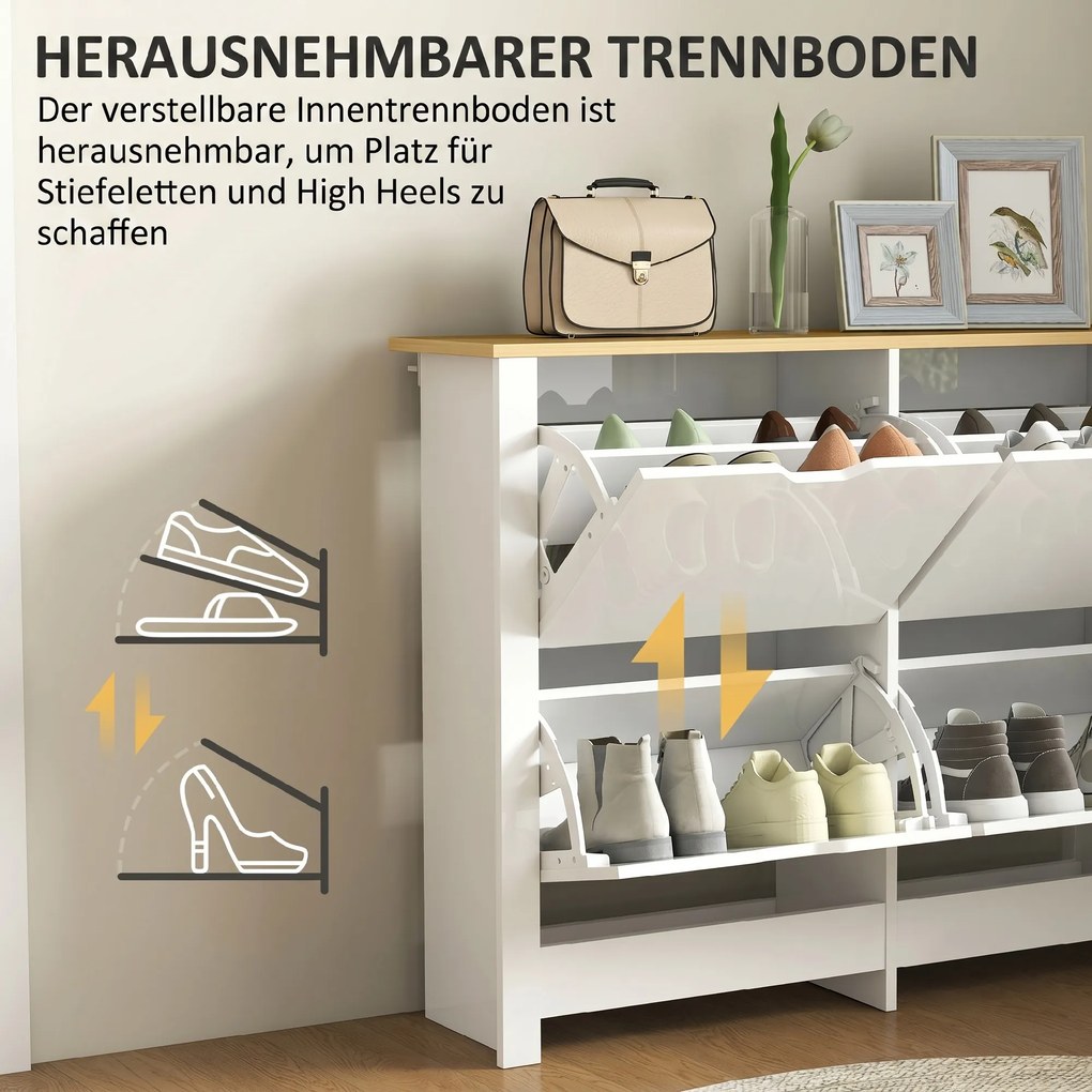 HOMCOM úzký botník s 4 výklopnými přihrádkami – úsporný regál na boty až pro 16 párů, 105 × 26 × 80 cm (bílá / přírodní)