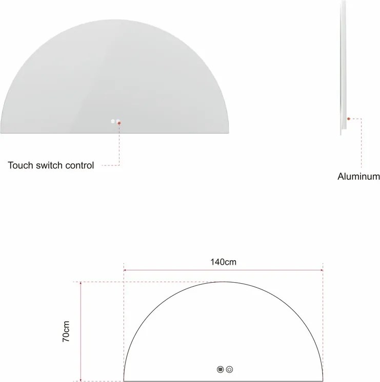 Erga Kori, půlkruhové LED zrcadlo 70x140cm, 2875 lm, 3 barvy světla, ERG-V01-KORI-7014-CL