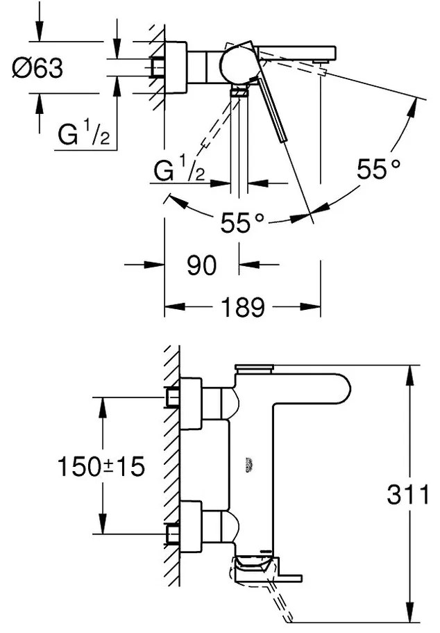 Grohe Plus - Nástěnná páková vanová baterie, chrom 33553003