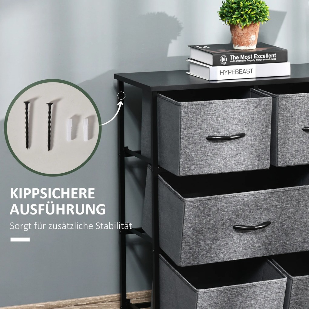 HOMCOM Komoda s 8 textilními zásuvkami, úložná skříň s úchyty, kovový rám, moderní design do ložnice a obývacího pokoje v tmavě šedé barvě