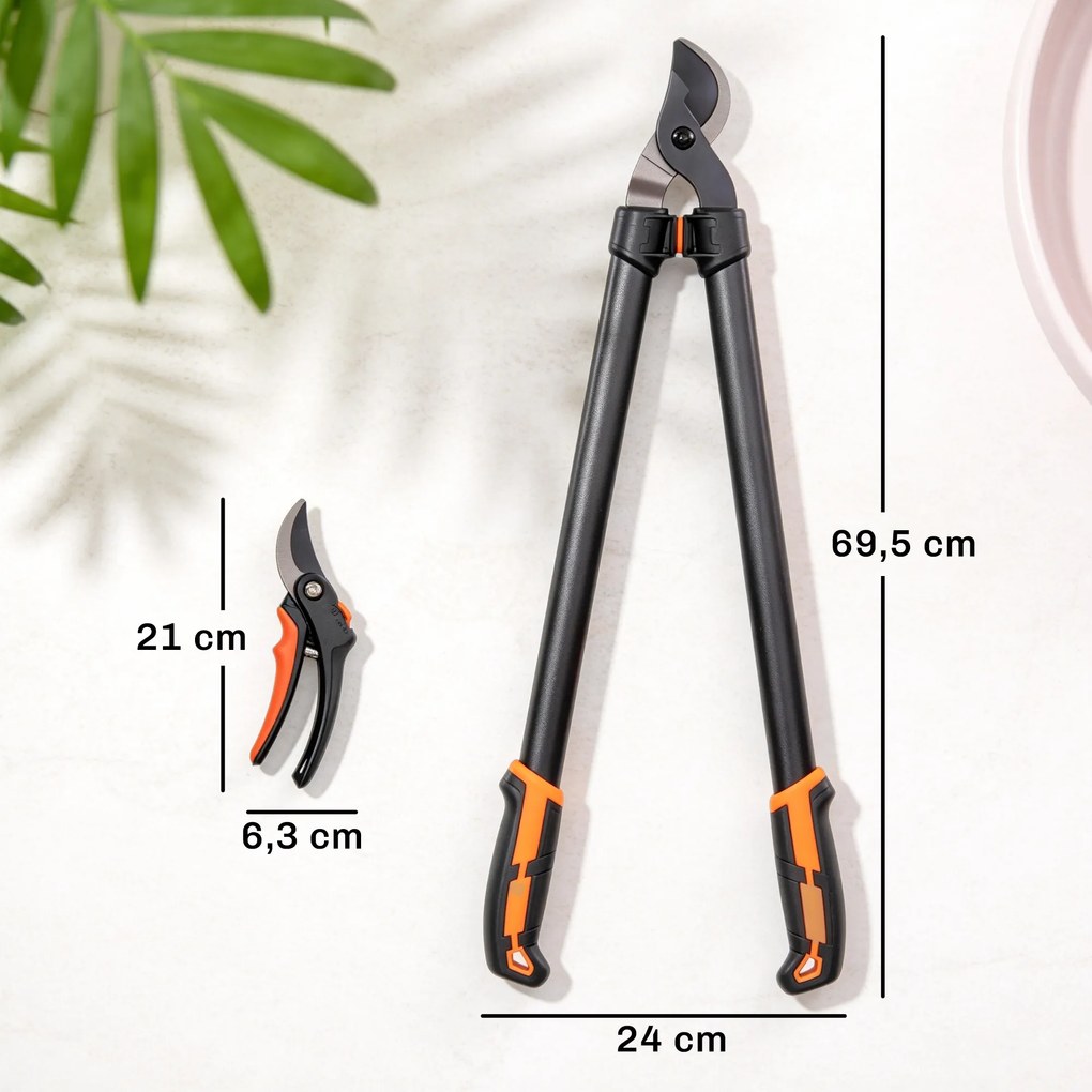 Outsunny 2dílná sada zahradního nářadí — štípací nůžky 69,6 cm a zahradní nůžky, měkké rukojeti, pojistka, oranžová