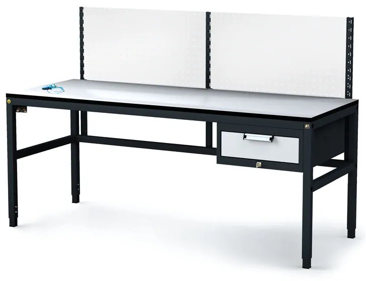Antistatický dílenský ESD stůl s perfopanelem, 1 zásuvkový box na nářadí, 1800x800x745-985 mm