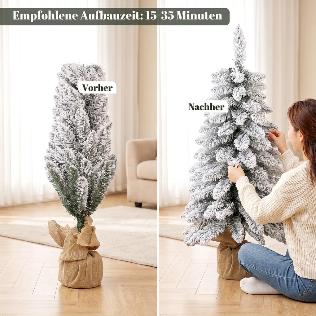 HOMCOM Umělý vánoční strom, 90 cm (3 ft), štíhlý „pencil“ strom s 107 větvičkami, juta základna, bílý